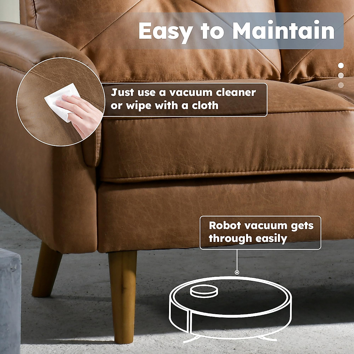 XIZZI 71" Mid-Century Modern Sofa Couch,Faux Leather 3 Seater Sofa w/Key Armrest and Comfortable Cushions,Comfy Deep Seats Sofa Small Couch for Living Room Office Apartment Small Space (Brown)