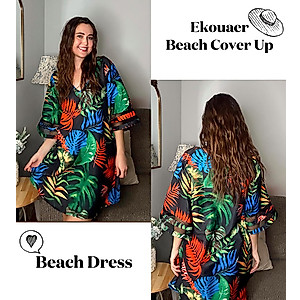 Ekouaer Women's Beach Coverups 3/4 Mesh Sleeve Bathing Suit Cover Ups Hawaiian Print Beach Dress Loose Fit Swimwear Beach Dress