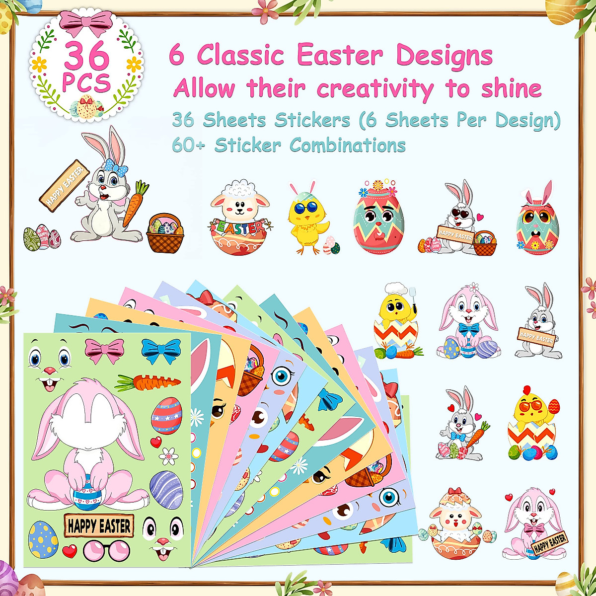 LINAYE 36 Sheets Easter Crafts Stickers for Kids Toddlers - Make Your Own Easter Stickers, Easter Basket Stuffers for Kids Toddlers Easter Treats Gifts for Kids Easter Activities Party Favor Supplies