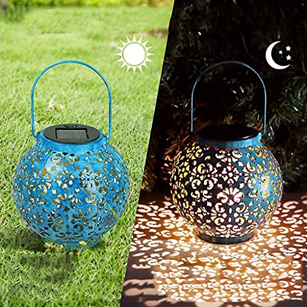 CHYSP Solar Led Iron Art Hollow Lantern Light Outdoor Decorative Lighting Handheld Hanging Lamp for Home Garden Yard Pathway