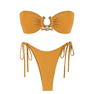 ZAFUL Bandeau Cut Out Swimsuits for Women Sexy Strapless Swimwear Cute Glitter Metallic Bikinis Gold Yellow XS