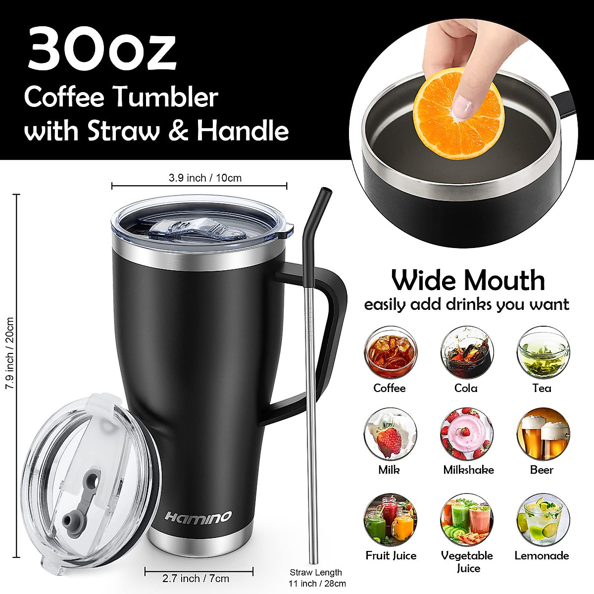 Hamino 30 oz Tumbler with Handle and Straw Lids, Double-Wall Vacuum Travel Coffee Mug with Handle, Stainless Steel Insulated Coffee Tumbler Cup for Home Office Travel HOT COLD Drinks (Black)
