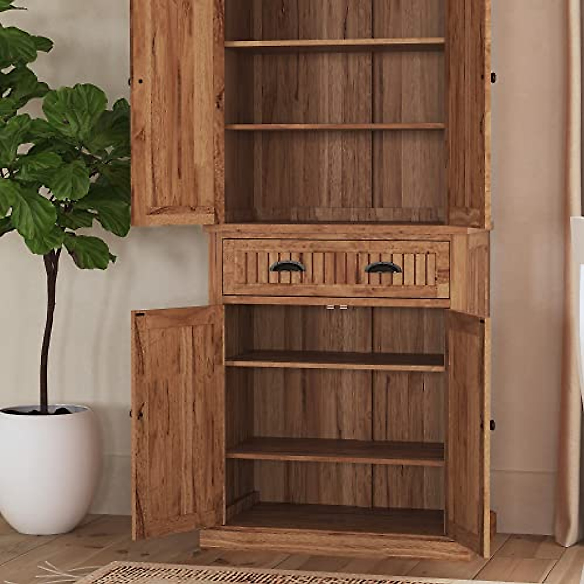 Homestyles Nantucket Storage Cabinet Kitchen Pantry with Drawers and Adjustable Shelves, 71.5 Inch Height, Natural Brown Maple Finish