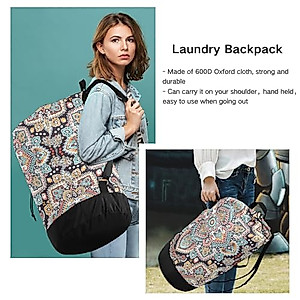 MNSRUU Washable Laundry Bag Backpack Large Dirty Clothes Bag with Adjustable Shoulder Strap Handles, Indian Floral Paisley Extra Laundry Heavy Duty Drawstring Bag for Travel College Grey Camping