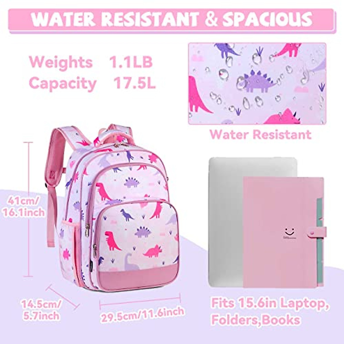 VASCHY School Backpack for Girls, 16in Water Resistant Backpack for Kids Preschool/Primary/Elementary Schoolbag Bookbag for Girls with Tablet Sleeve Pink Dino