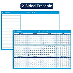 AT-A-GLANCE 2024 Erasable Calendar, Dry Erase Wall Planner, 36" x 24", Large, Horizontal, Reversible for Planning Space" (PM2002824)