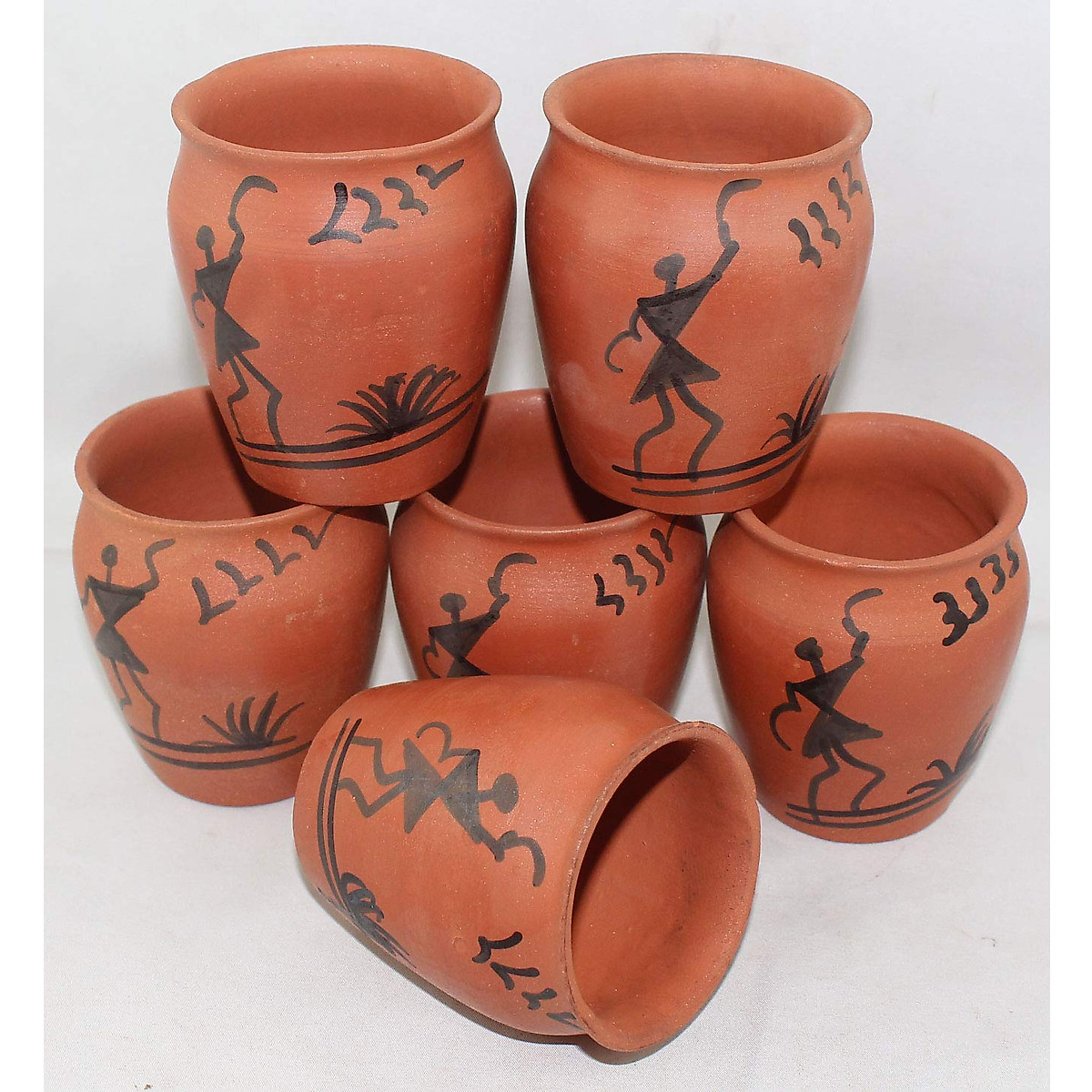 Odishabazaar Terracotta(Real Mitti) Unglazed Worli Painted Clay Mud Tea Kullad Cup Set Of 6 For Good Health(200ml)