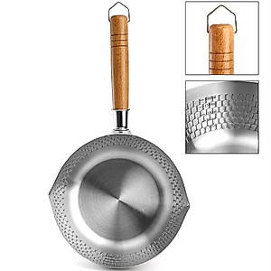 DEAYOU Stainless Steel Saucepan with Glass Lid, 2 Quart Yukihira Sauce Pan with Wood Handle, Traditional Japanese Snow Pan Pot with Two Side Spouts for Cooking, Noodles, Soups, Hot Milk, 8"