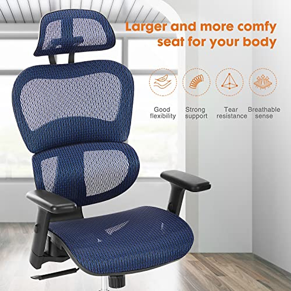 SMUG Ergonomic Large High Back Office Ergo3D Rolling Desk 4D Armrest,3D Lumbar Support,Adjustable Headrest,Breathable Mesh Computer Gaming Executive Swivel Chairs, Blue