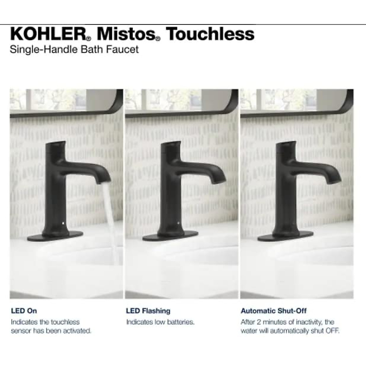 Kohler Mistos Battery Powered Touchless Single Hole Bathroom Faucet in Matte Black