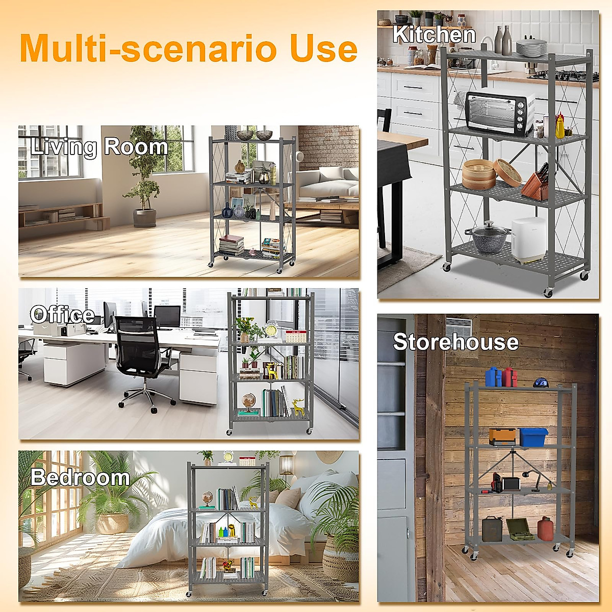 KAERMO 5-Tier Foldable Storage Shelves with Wheels -No Assembly Metal Folding Shelves, Collapsible Shelving Storage Unit Rolling Shelf for Home Garage Kitchen Office (Dark Grey)