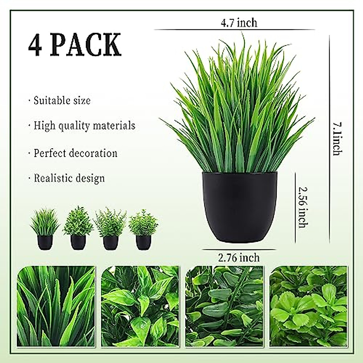 Der Rose Fake Plants 4 Packs Artificial Plants Small Faux Plants in Black Pot for Bathroom Home Office Table Decor Indoor