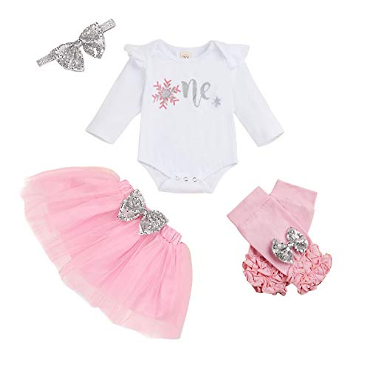 Baby Girl My 1st Birthday Outfit Long Sleeve Letter Print Romper + Tutu Skirt Leg Warmers with Headband 4pcs Clothes Set (Pink A, 12-18 Months)