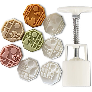 Mooncake Press Molds，Hand Press mooncake Dessert DIY with Stamps Flower Mode，Mooncake Shortbread Press DIY (4 Mid-Autumn Rabbit Stamps)