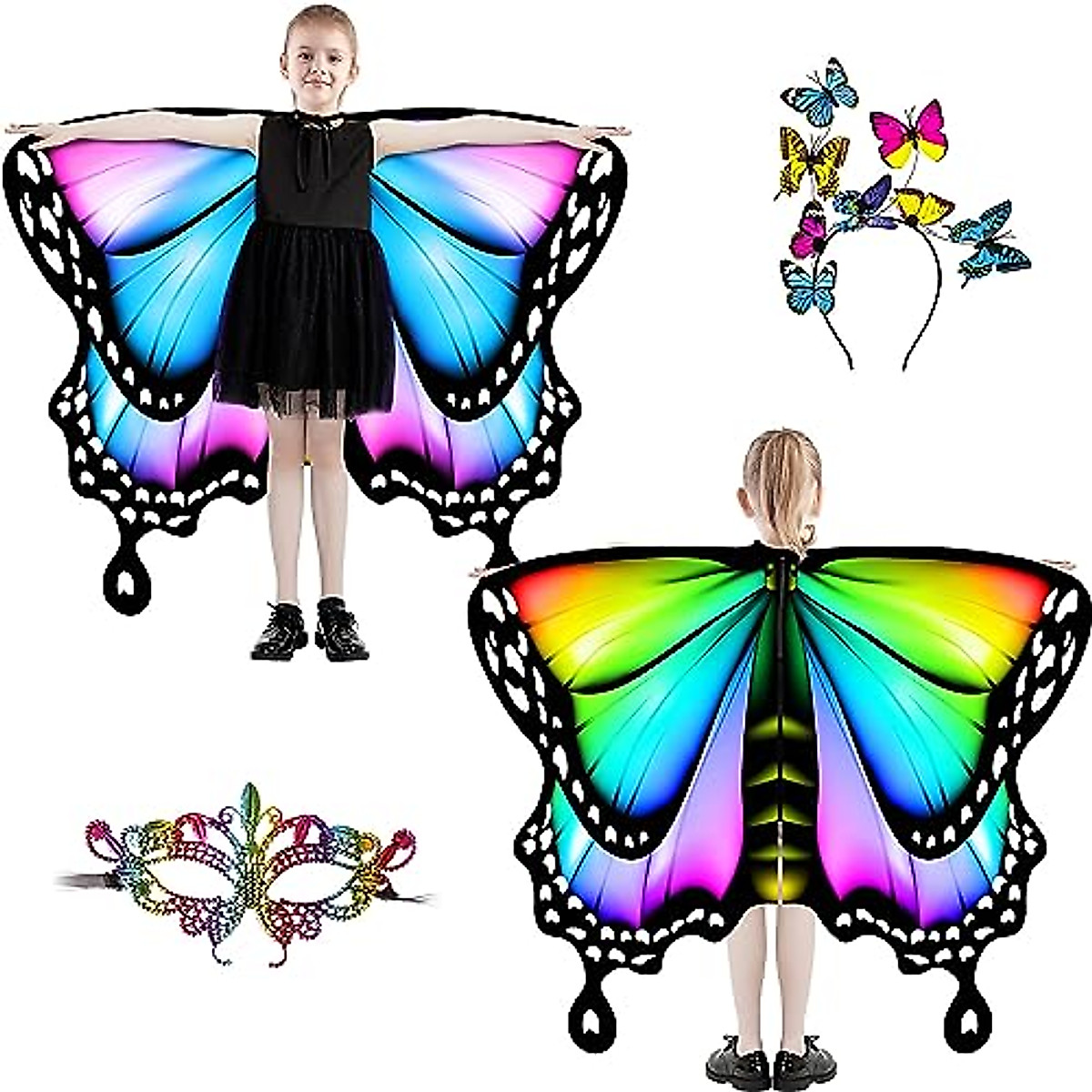 LYL. Ling Butterfly Wings For Girls, Double-Sided Fairy Wings, Kids Halloween Butterfly Costumes, 3PCS Butterfly Cape Set.