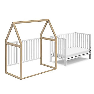 Storkcraft Orchard 5-in-1 Convertible Crib (White with Driftwood) – GREENGUARD Gold Certified, Canopy Style Baby Crib, Converts from Crib to Toddler Bed, Daybed and Full-Size Bed