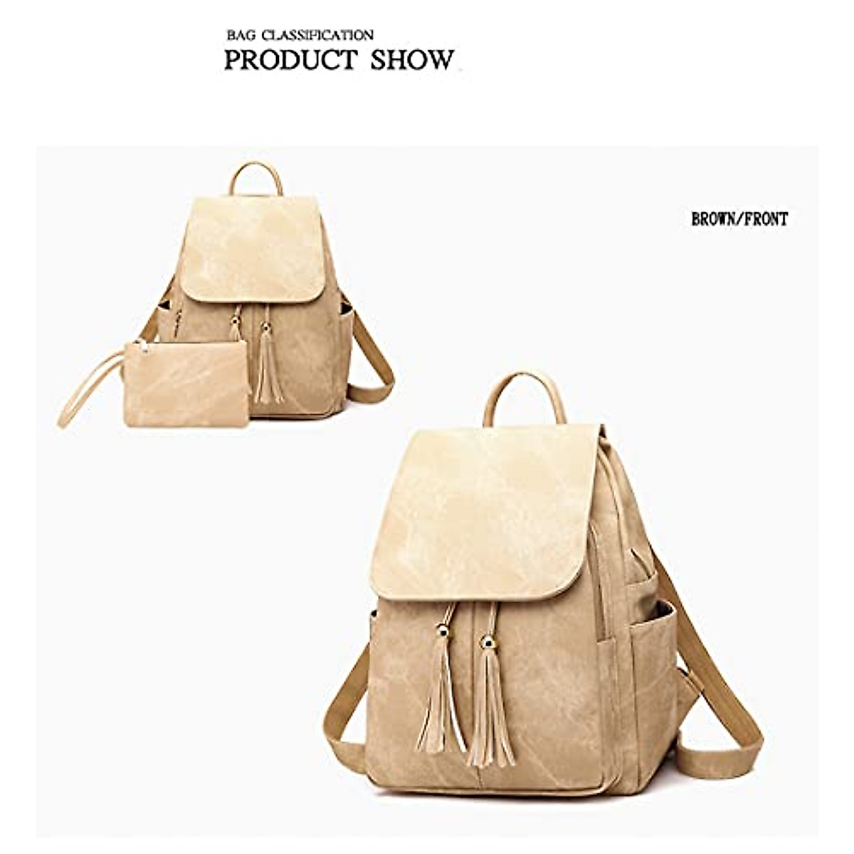 nice--buy Tassel Backpack PU Leather Shoulder Bag Women Fashion Backpack Casual Daypack Travel Lady Bag Crossbody Satchel Shoulder (Khaki)
