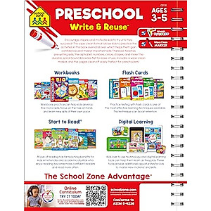 School Zone Write & Reuse Workbook for Preschool: Reusable Wipe-Clean Spiral Bound Learn and Practice Writing Book, Dry Erase Marker, ABC’s, Shapes, and More