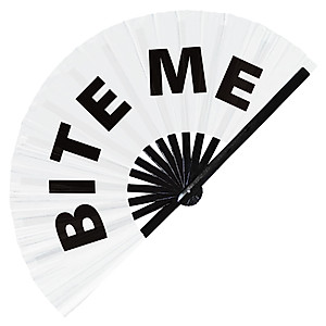 Bite Me Hand Fan Foldable Bamboo Circuit Hand Fan Funny Gag Curse Words Expressions Statement Gifts Festival Accessories Rave Handheld Circuit Event Fan Clack Fans (White)