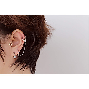 Minimalist Double Hoop Earrings for Women Girls Men Sterling Silver Pair Small Hoops Dangle Chain Drop Dangle Cartilage Second Hole Fashion Personalized Punk Jewelry 1 Piece (Silver)