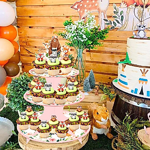 Woodland Animal Party Cupcake Stand for Girls Pink 3-Tier Cake Stand for Baby Shower Jungle Animal Cupcake Tower Decorations for Woodland Birthday Animal Theme Party Cake Holder Decorations for Kids