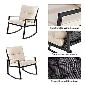 Walsunny 3 Pieces Patio Set Outdoor Wicker Patio Furniture Sets Modern Rocking Bistro Set Rattan Chair Conversation Sets with Coffee Table(Beige)