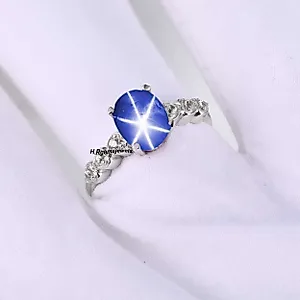 HRG Lindy Star Sapphire Ring 925 Sterling Silver Ring Lab Created Lindy Star Ring Blue Star Sapphire Ring Wedding Ring Women Ring (Sterling Silver, 8.5)
