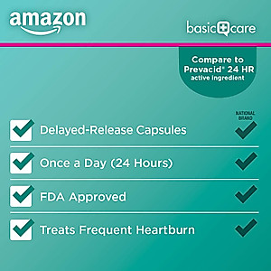 Amazon Basic Care Lansoprazole Delayed Release Capsules, 15 mg, Proton Pump Inhibitor, Treats Frequent Heartburn, 24 Hour Heartburn Medicine, 42 Count