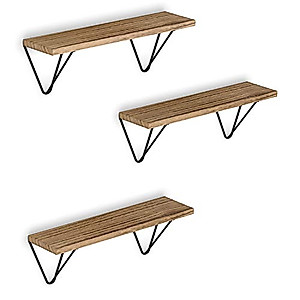 Wallniture Colmar Floating Shelves for Wall, Storage Shelves for Living Room Decor, Natural Burned Wall Shelf Set of 3 with Black Shelf Brackets