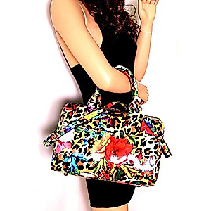 Patent Vegan Leather Leopard Flower Print Satchel Shoulder Bag Purse Handbag (Doctor Bag - Purple)