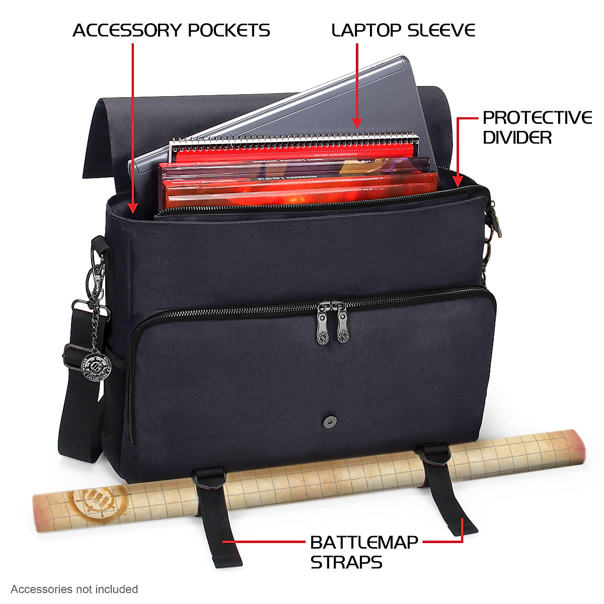 ENHANCE Collector's Edition RPG Player's Essentials DnD Bag - Dragon Hide Exterior Messenger Bag Fits 2-4 Books, Binders, Dice & Accessories, with 17 inch Laptop Slot, Battlemap Straps (Dragon Black)