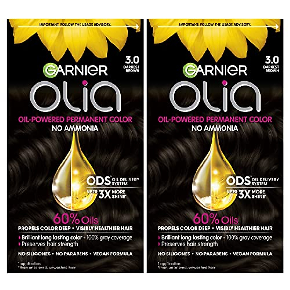 Garnier Hair Color Olia Ammonia-Free Brilliant Color Oil-Rich Permanent Hair Dye, 3.0 Darkest Brown, 2 Count (Packaging May Vary)