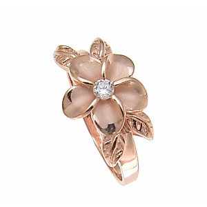 Arthur's Jewelry Pink rose gold plated sterling silver 925 Hawaiian plumeria flower cz maile leaf ring size 7
