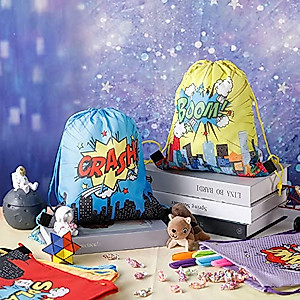 12 Pcs Hero Party Favors Bags Comic Heroes Drawstring Bag Backpacks Goodie Candy Gift Bags Boom Hero Theme Birthday Decoration Supplies Kids Boy Classroom Rewards Prize Treat Bag (Hero, 10 x 12 Inch)