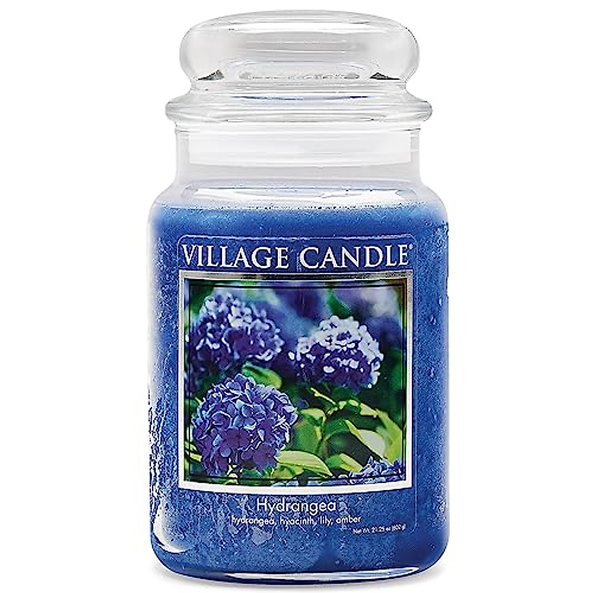Village Candle Hydrangea Large Glass Apothecary Jar Scented Candle, 21.25 oz, Blue