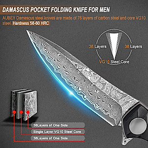 AUBEY Damascus Pocket Knife for Men with Clip EDC, 3.23" VG10 Core Damascus Steel Blade of Folding Knife with Black Aluminum Handle, Sharp Damascus Camping Knife