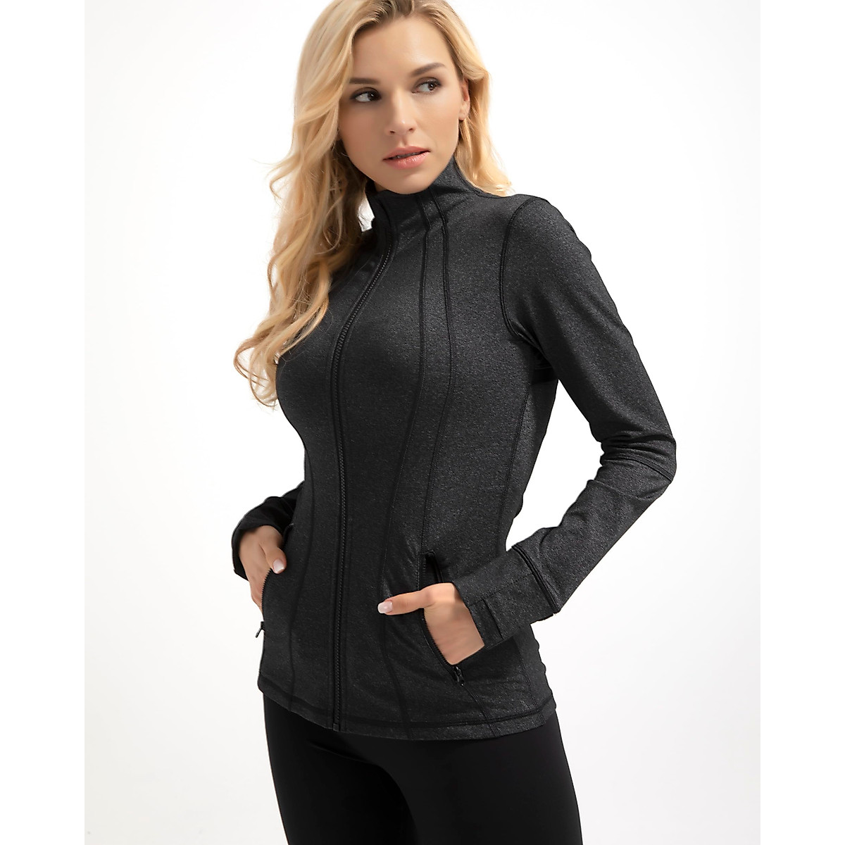 QUEENIEKE Women Athletic Jackets Cottony-Soft Full Zip Slim Fit Workout Running Jacket with Pockets(XL,Black Blend)