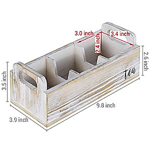 MyGift Shabby Chic Whitewashed Wood Tea Bag Storage Organizer Box, Tea Sachet Sugar Packet Holder and Server Rack Caddy with 3 Compartments and Cut Out Handles