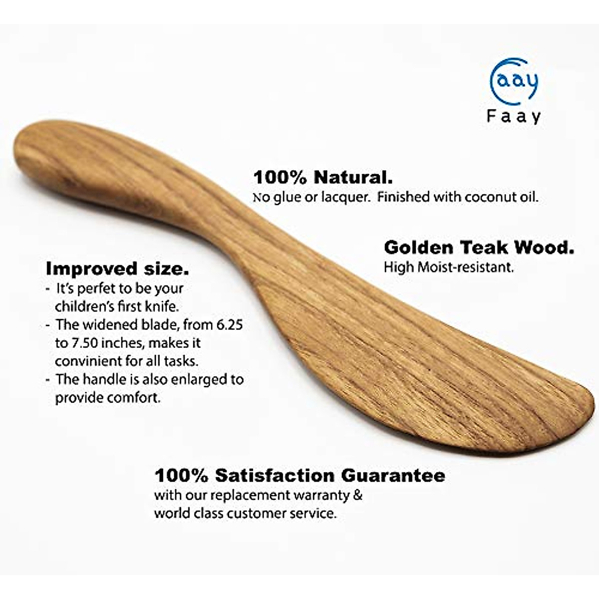 FAAY 7.5" Butter Spreaders, Eco-Friendly Condiment and Sandwich Knife from 100% Moist-Resistant Teak Wood, Super Handy Peanut Jelly Spreader Set of 4