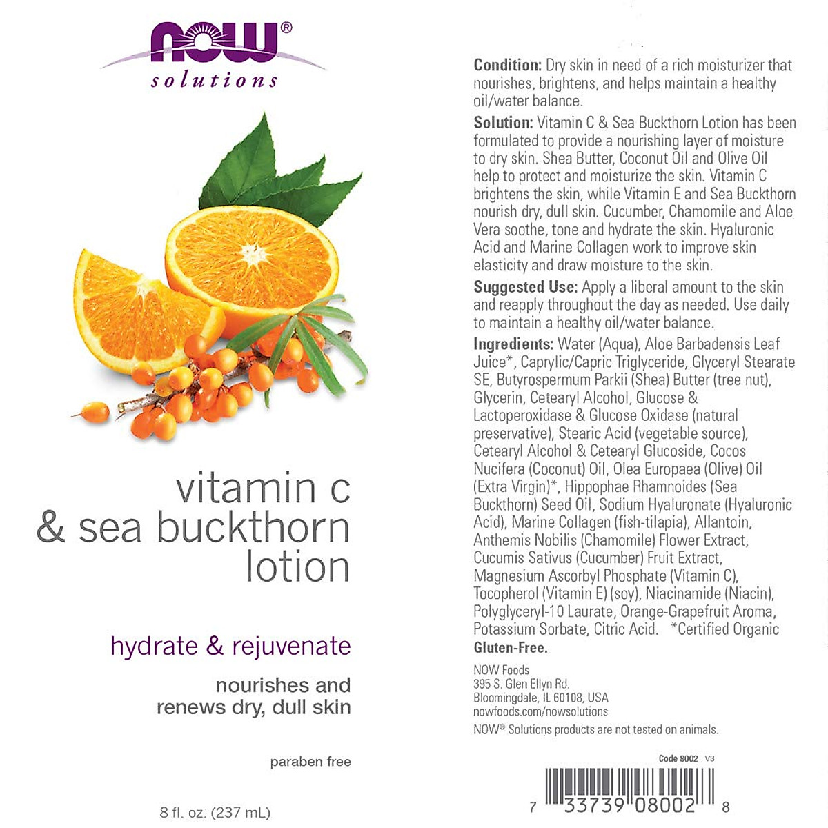 NOW Foods Solutions, Vitamin C and Sea Buckthorn Lotion, Hydrates, Repairs and Nourishes Dry Dull Skin, 8-Ounce