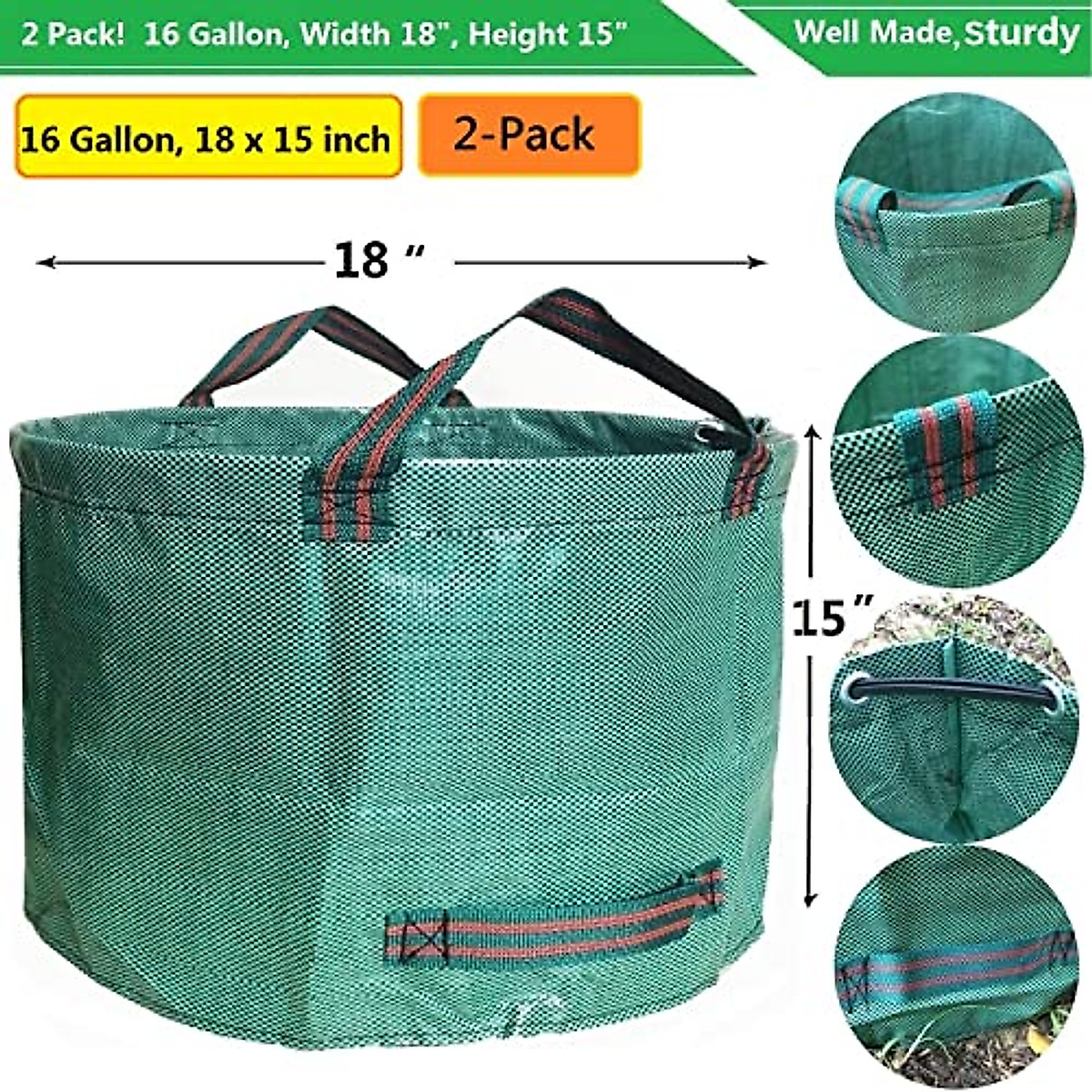 Standard 2-Pack 16 Gallon Home Yard Garden Bags (D18, H15 inch) with Garden Gloves, Camping Waste Bags,Recycling Bag,Campsite Trash Bags,Laundry Bag,Yard Waste Bags,Lawn Debris Bag,Leaf Bags 4 handles