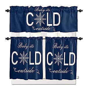 Gehucoxee Kitchen Curtains and Valance Set, Christmas Curtain Valance and Tier Rod Pocket Window Curtain Tiers for Bedroom Bathroom 3 Piece Curtain 24 Inch Length Cold Winter Snowflakes Blue Backdrop