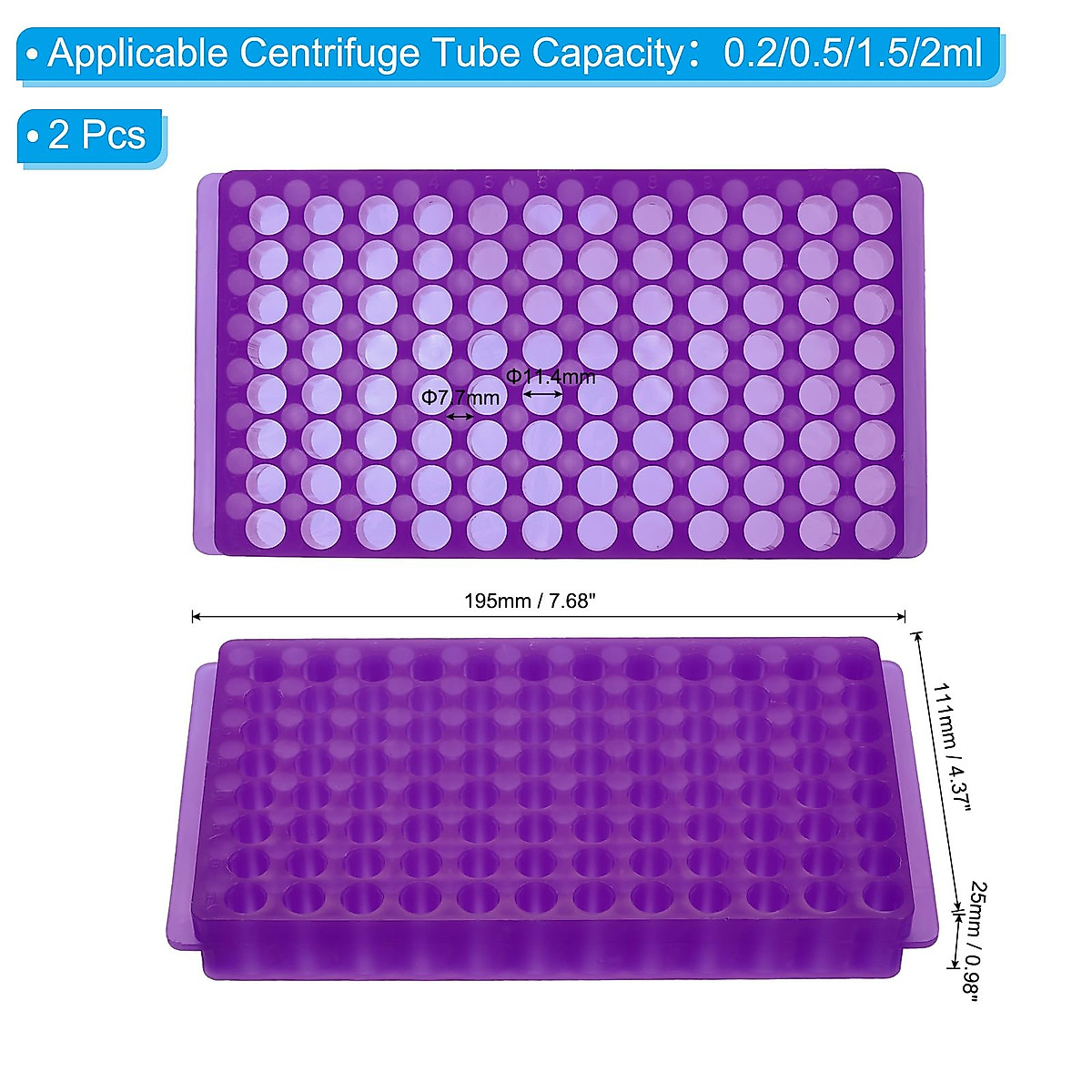 PATIKIL 96 Wells Tube Rack, 2 Pcs Vial Rack Double Panel Centrifuge Tube Holder for Microcentrifuge Tubes 0.2/0.5/1.5/2ml, Purple