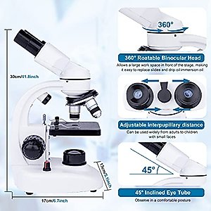 40X-1000X Binocular Microscope for Adults with Microscope Slides Phone Holder and Specimen Preparation Kits, Compound Binocular Microscopes for Home Educational/Hobby Use