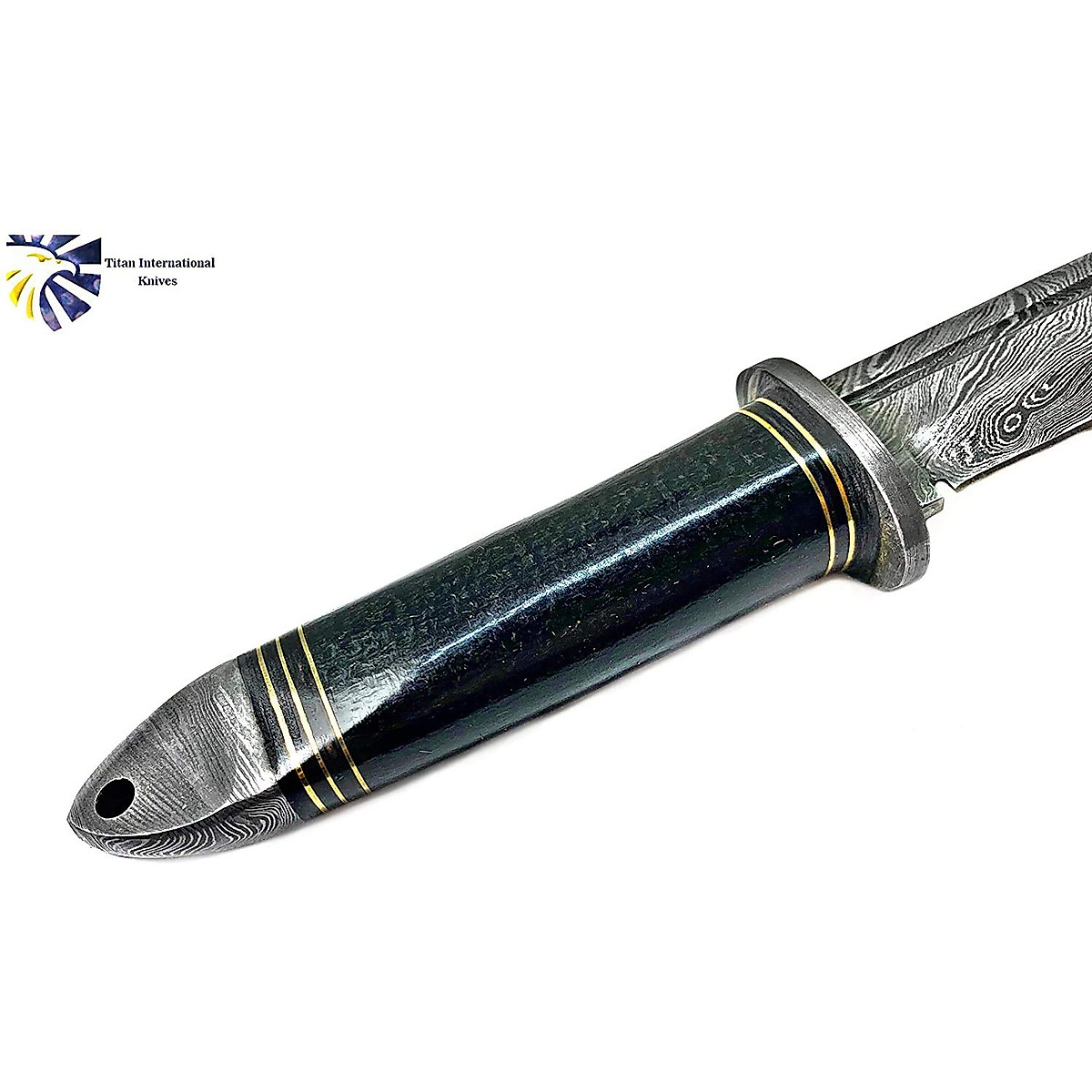 Titan International Knives 10' 1095 High Carbon Damascus Steel Fixed Knife with Black Canvas Micarta Scales Handle Japanese Style Tanto Blade with Leather Sheath for Camping Hunting and Outdoor Activities