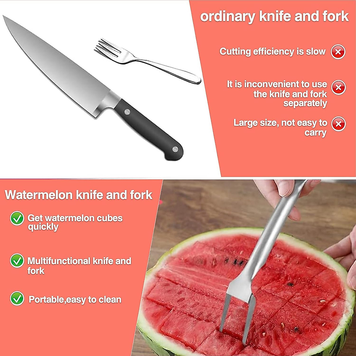 Watermelon Fork Slicer Cutter,Stainless Steel 2 in 1 Fruit Fork Slicer,Portable Watermelon Fork Watermelon Cutter Slicer Tool Fruit Forks Slicer for Home Party Camping Kitchen Gadget(1pack)