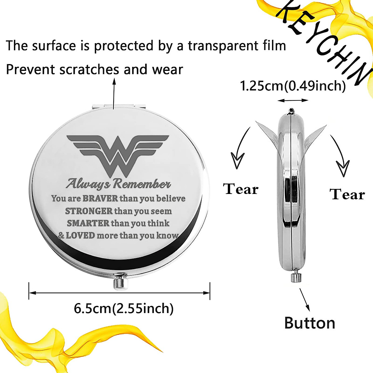 KEYCHIN Heroine Pocket Mirror Diana Fans Gift You are Braver Stronger Smarter Than You Think Heroine Compact Mirror (Heroine Mirror)