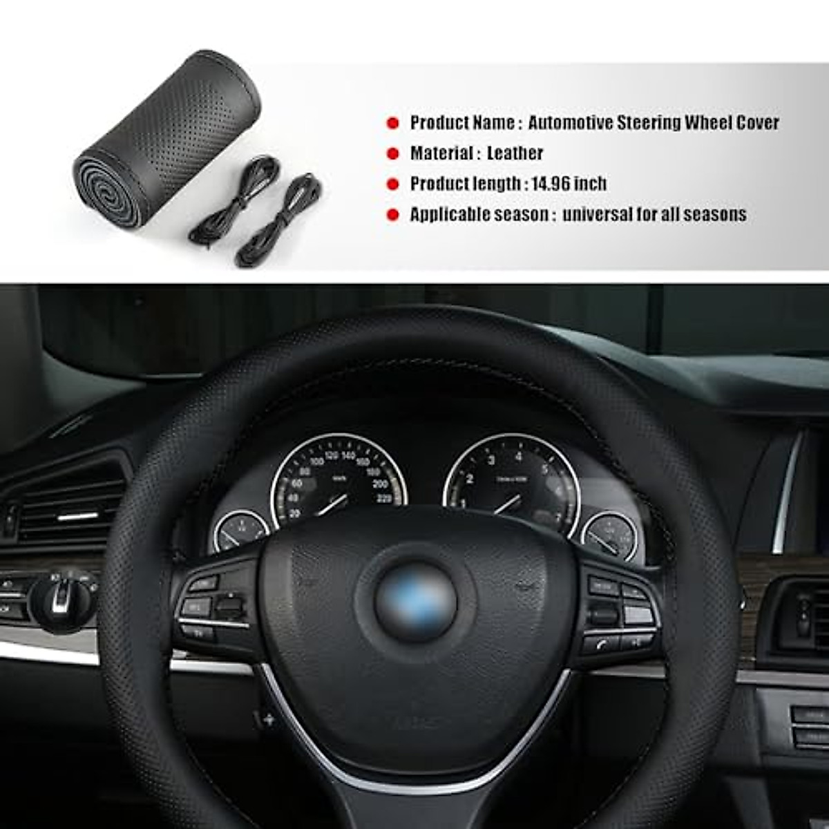 QODOLSI 1 PC Car Steering Wheel Protector Cover, 14.96" Hand-Stitched Leather Sweat-Absorbent Steering Wheel Cover Tie with Air Hole, Motors Comfort Touch Accessory, for Cars, SUVs (Black)