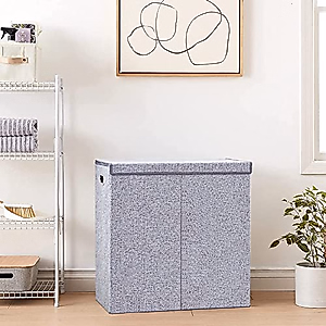SUPERJARE Double Laundry Hamper with 2 Removable Liner Bags, 150 L Large Laundry Basket with Magnetic Lid, Collapsible Clothes Hamper with Easy Carry Built-in Handles, 2 Section, Linen Gray