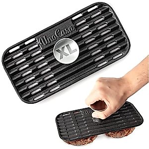 Uno Casa Cast Iron Grill Press - Pre-Seasoned XL Hamburger Press with Stainless Steel Knob, 9x4.5 Inch cast Iron Burger Press for Griddle - Bacon Press for Griddle - Vented Design Griddle Press